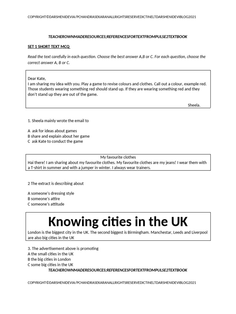 Short Text MCQ Set 1 and Set 2 Worksheet Pt3 | PDF