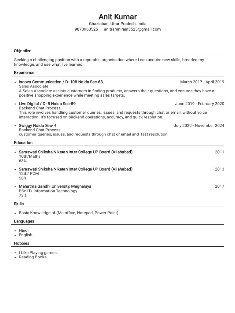 Anit Kumar's Professional Resume | PDF
