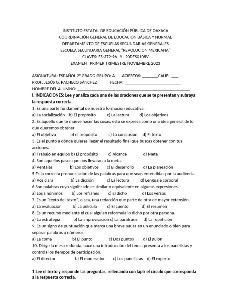 Examen de Español 2° Grado Noviembre 2023 | PDF