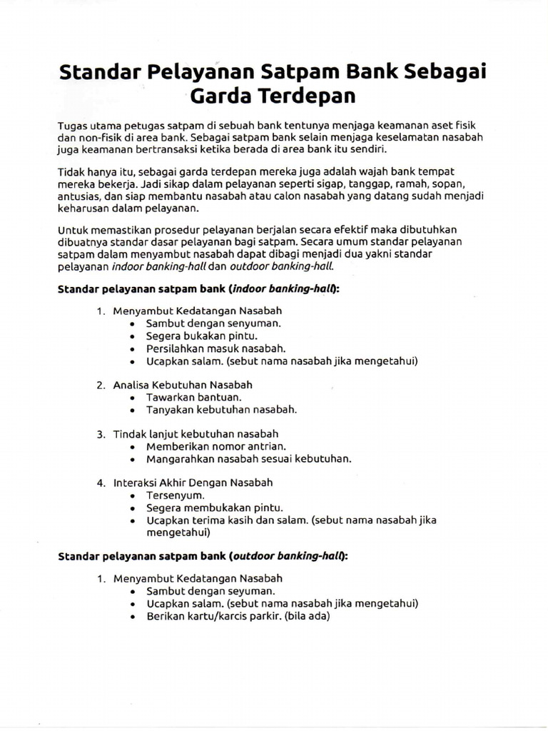 Standar Pelayanan Satpam Bank Sebagai Garda Terdepan | PDF