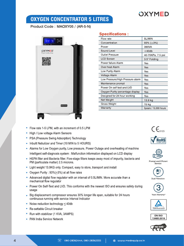 Oxymed Mini (5L) Oxygen Concentrator-1561 - Brochure - Oxygen Times | PDF