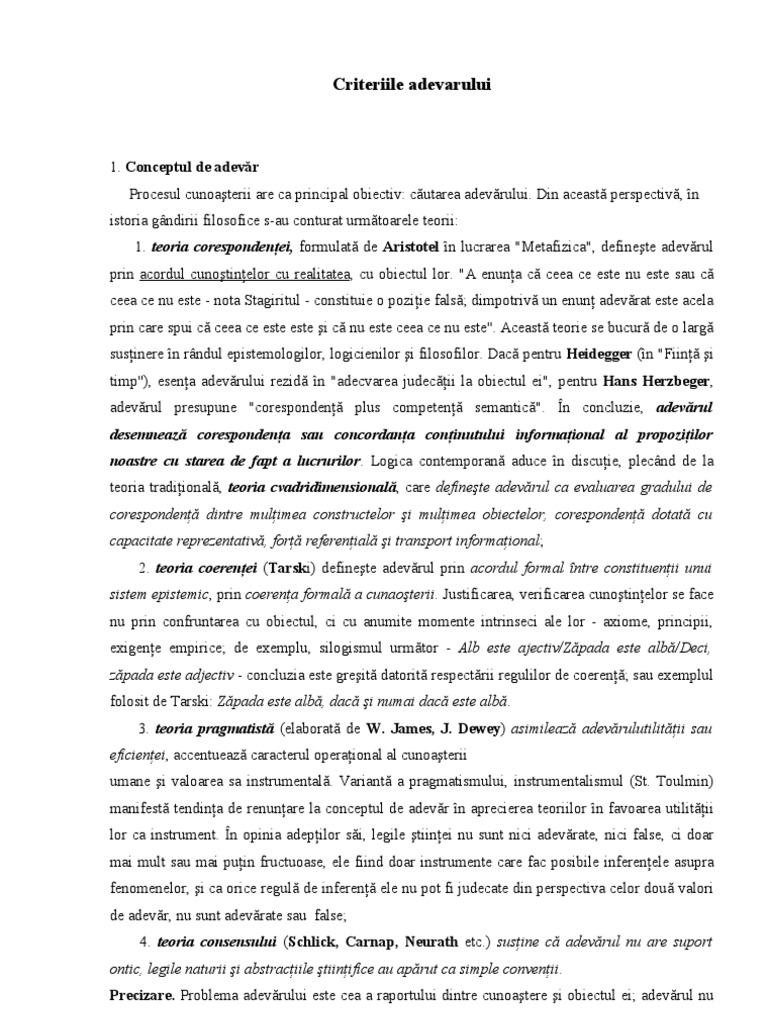 Conceptul de Adevar Si Criteriile Adevarului | PDF