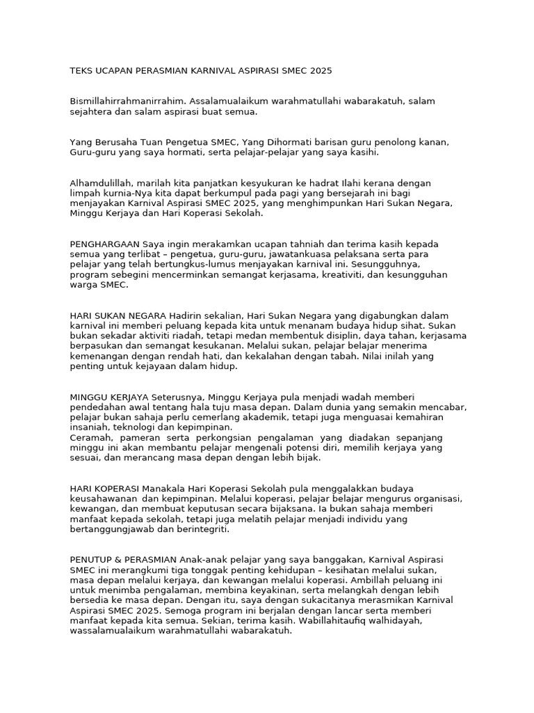 Ucapan Perasmian Karnival Aspirasi SMEC | PDF