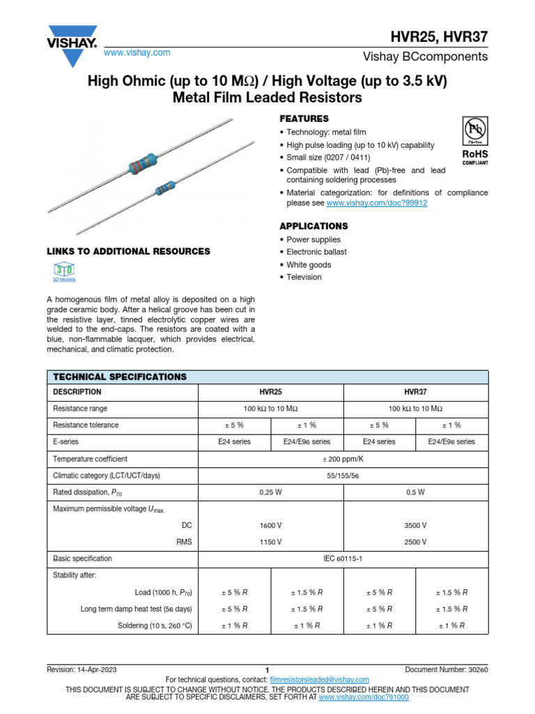 High Voltage Metal Film Resistors Guide | PDF | Resistor | Electrical ...