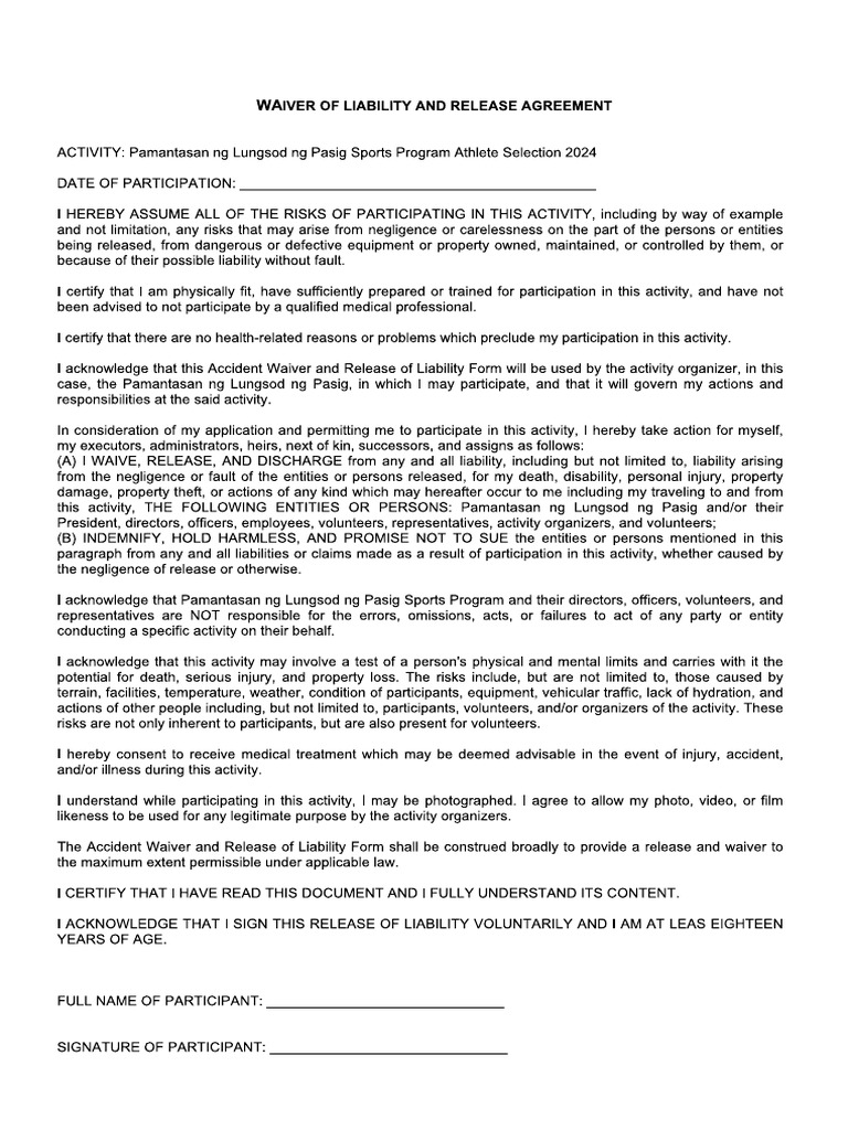 Waiver of Liability and Release Agreement | PDF