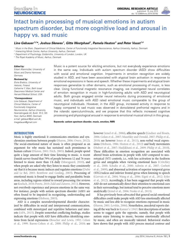 Intact Brain Processing of Musical Emotions in Autism Spectrum Disorder ...