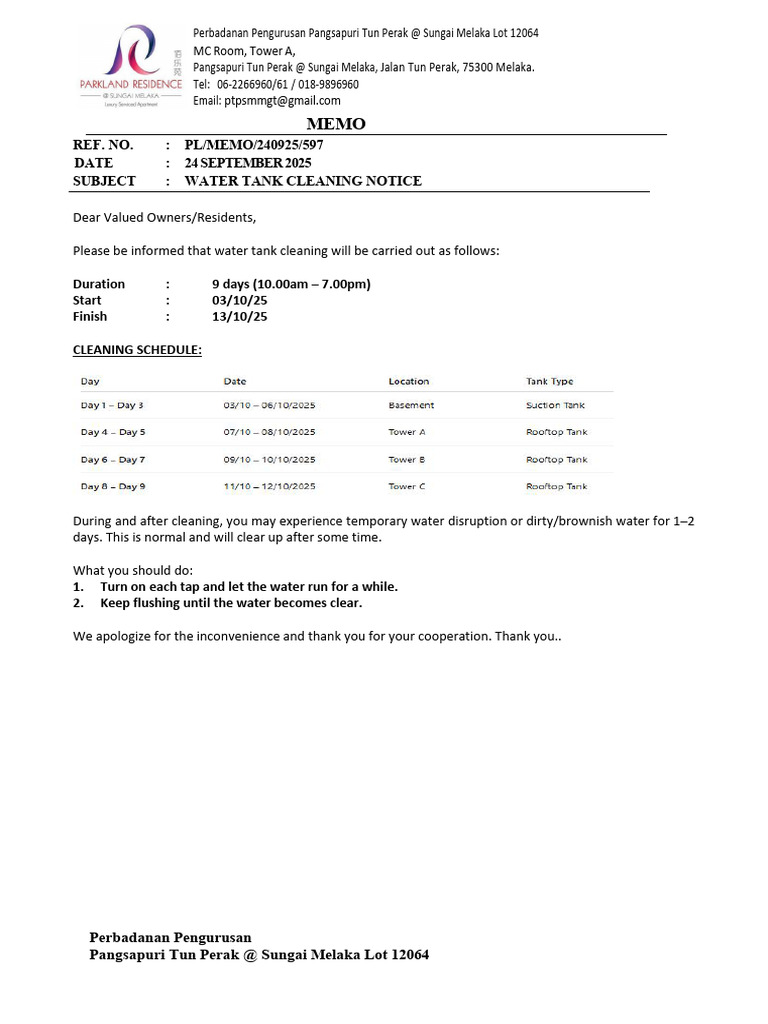 597 Water Tank Cleaning Notice | PDF