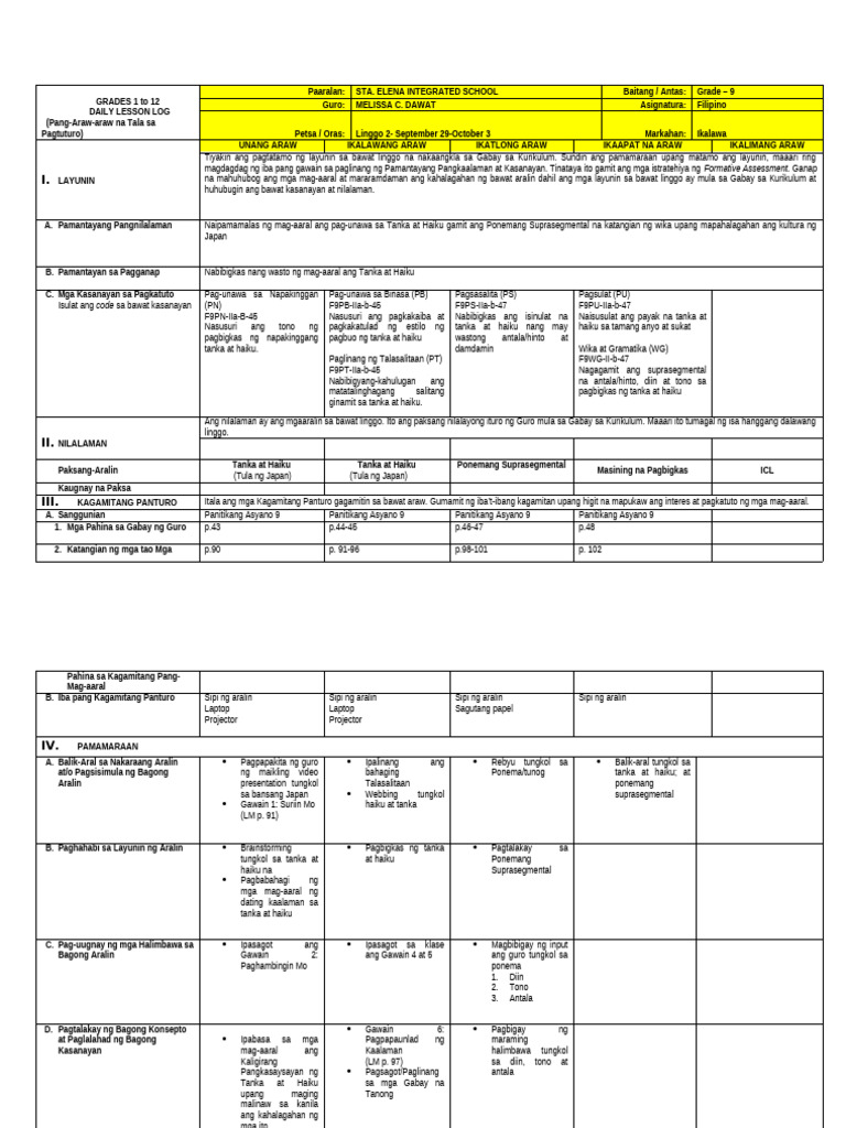 DLL - FILIPINO 9 2ngd Grading (Topic 1) | PDF