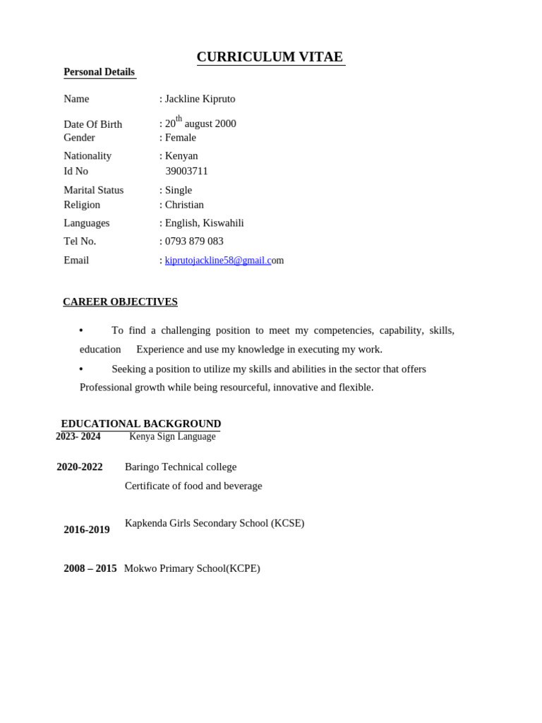 Jackline Kipruto CV: Skills & Experience | PDF | Menu