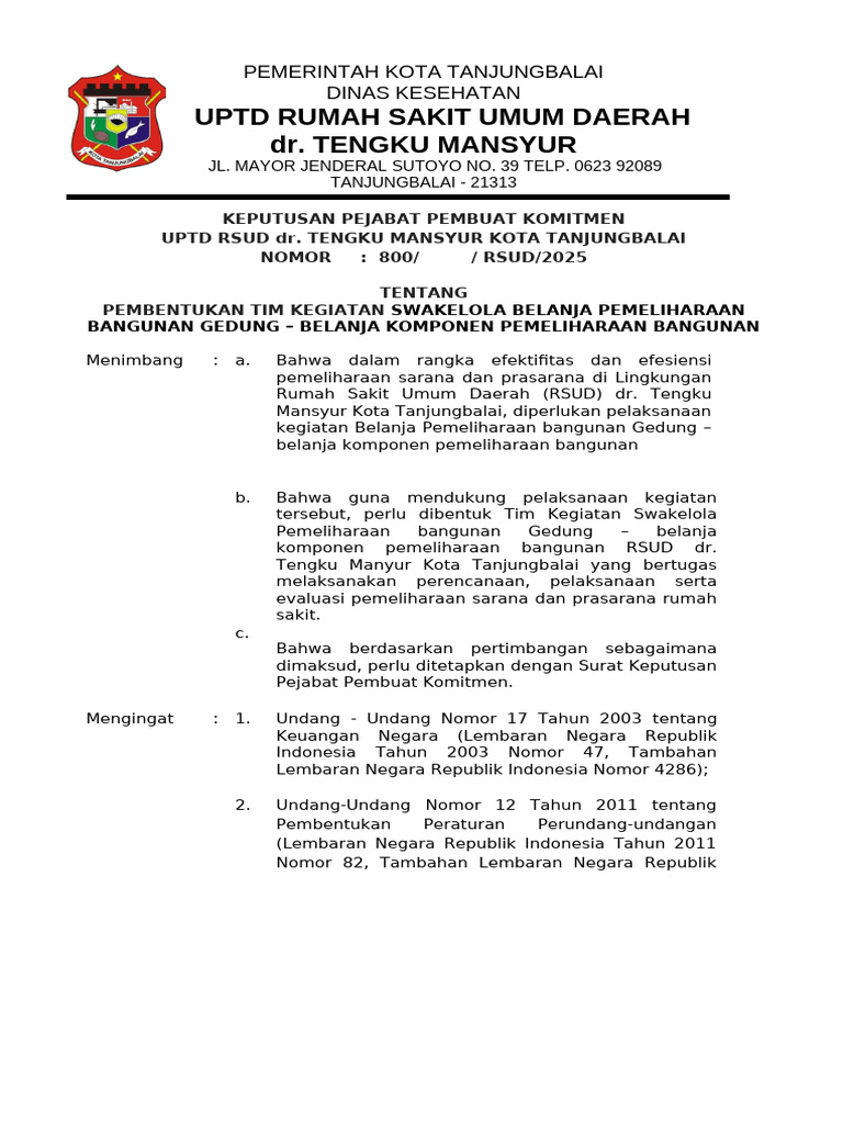 Pembentukan Tim Swakelola RSUD Tanjungbalai | PDF