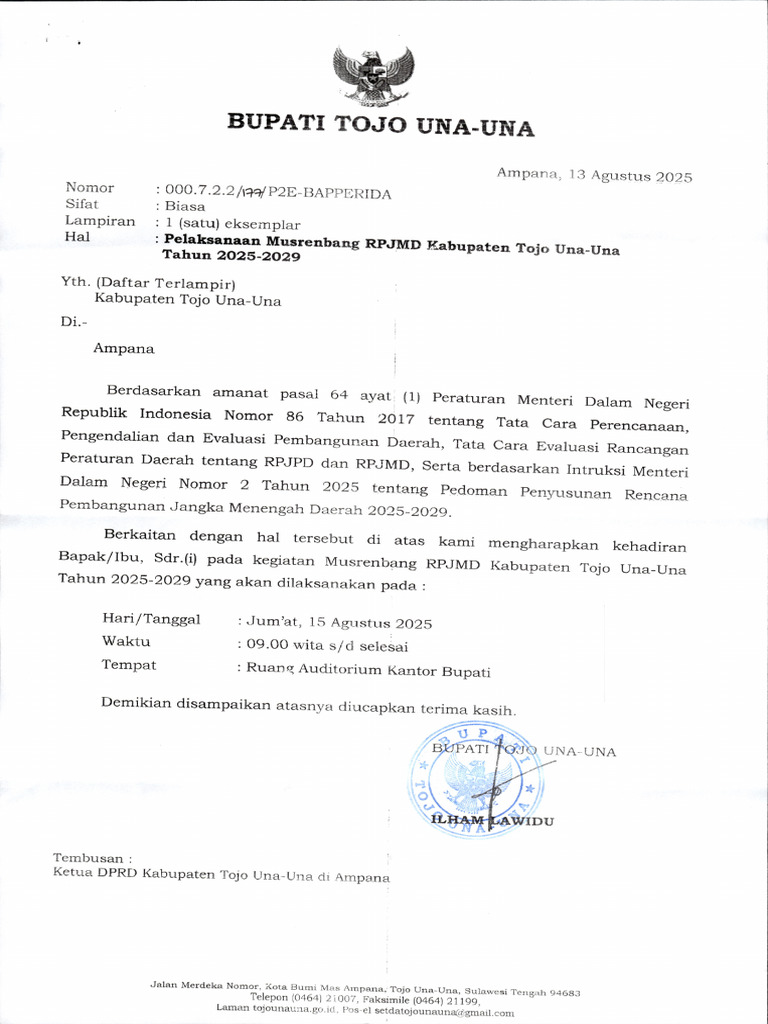 Undangan Pelaksanaan MUSRENBANG RPJMD Kabupaten Tojo Una-Una Tahun 2025 ...