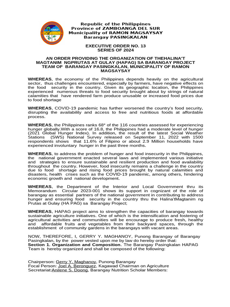 Eo Organization of Hapag Team | PDF | Food Security | Hunger