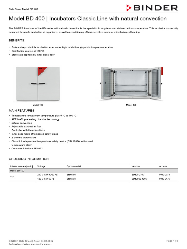 BINDER BD 400 Incubator Data Sheet | PDF | Electrical Connector ...