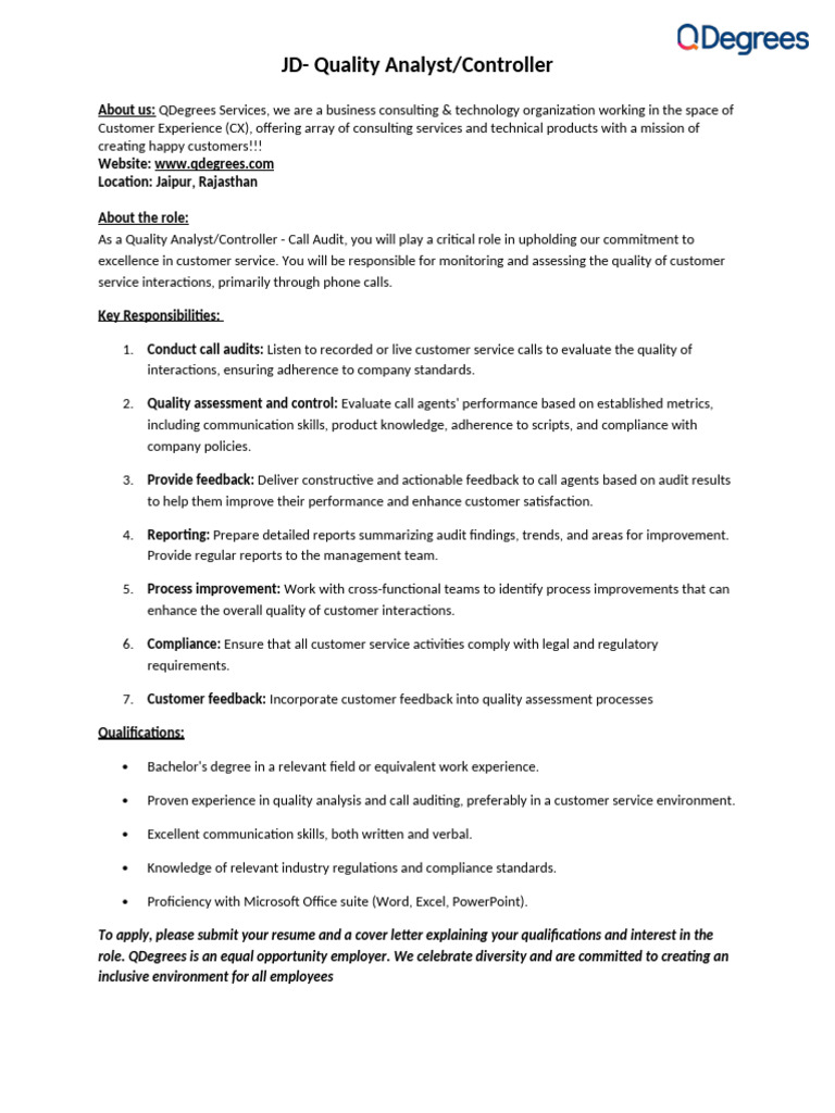 Job Description For Quality Analyst - Quality Controller | PDF