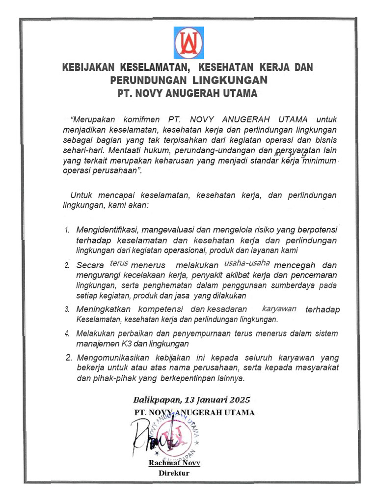 Kebijakan K3 dan Lingkungan PT Novy Anugerah | PDF