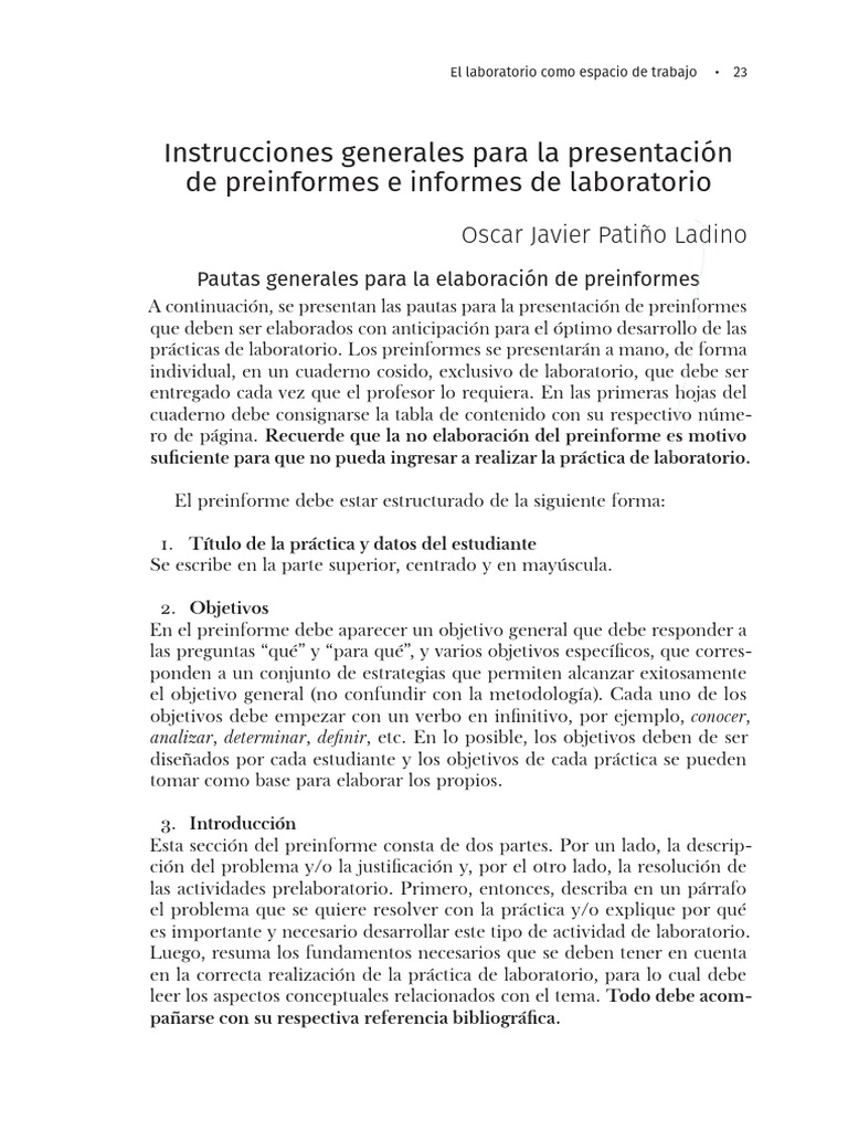 Instrucciones Generales para La Presentación de Preinformes e Informes de Laboratorio | PDF ...