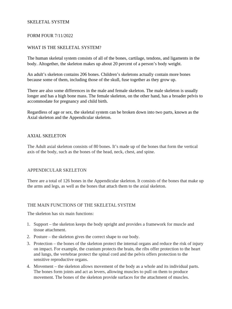 Skeletal System Form Four 2022 | PDF | Skeleton | Vertebra
