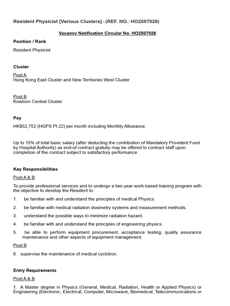 Resident Physicist Job Vacancy Notice | PDF | Medical Physics | Health Care