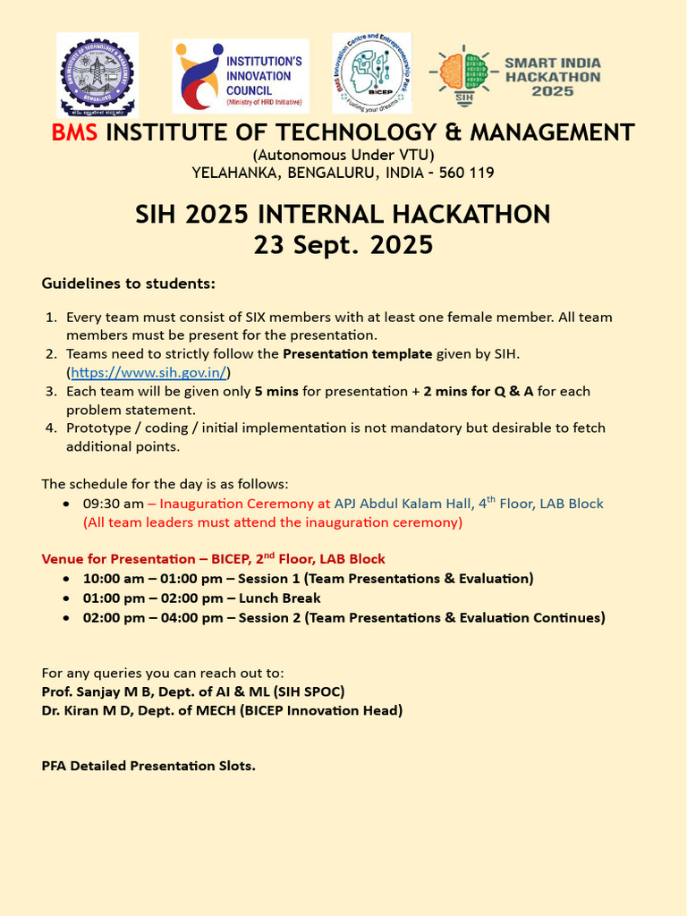 SIH 2025 Internal Hackathon Schedule | PDF