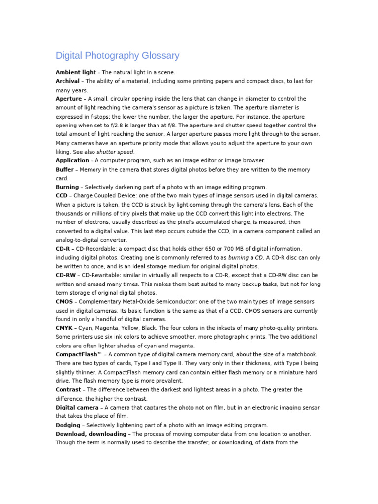 Digital Photography Glossary | PDF | Digital Photography | Digital Camera