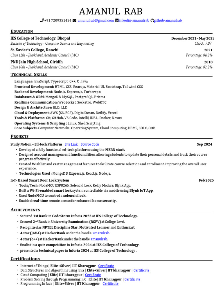 Amanul Rab CSE 2025 | PDF | Internet Of Things | Databases