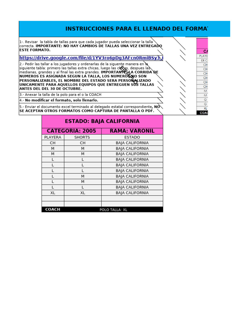 Formato de Tallas Baja California 2005 Varonil | PDF