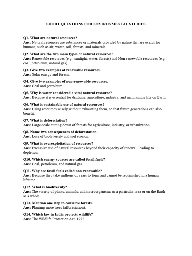 Short Questions For Environmental Studies | PDF