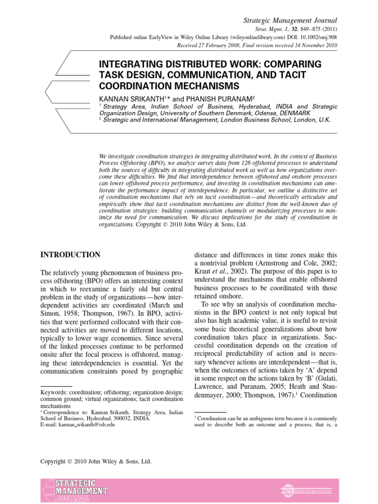 Tacit Coordination in Distributed Work | PDF | Knowledge | Modularity