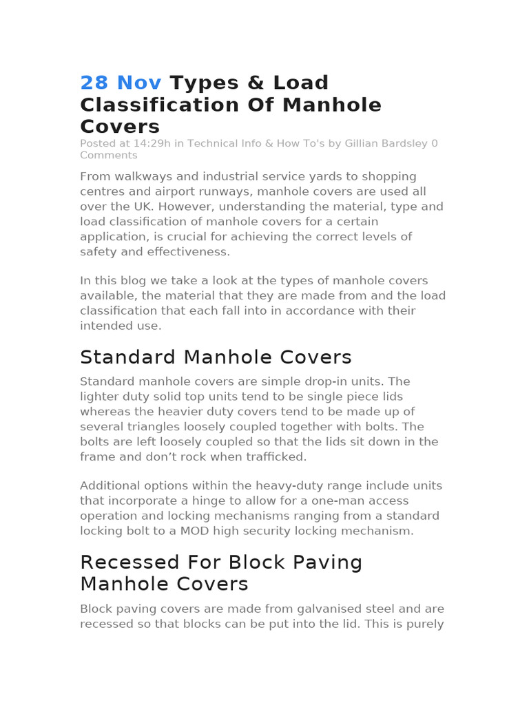 Manhole Cover Load Classifications | PDF | Steel | Ductility