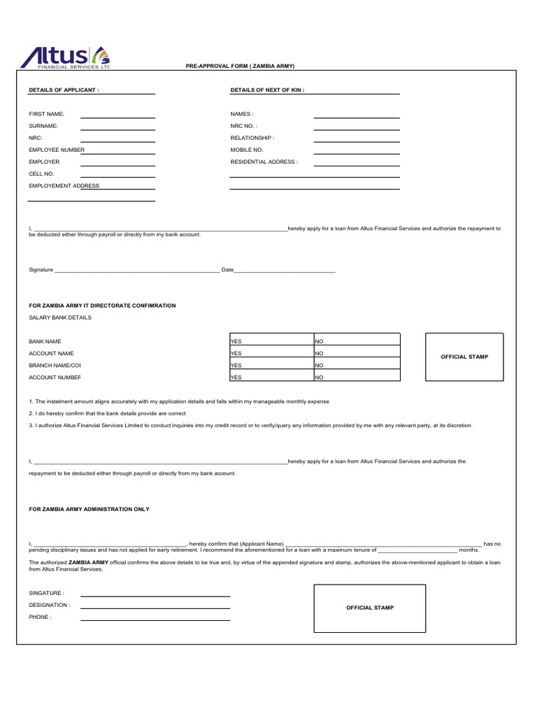 Zambia Army Loan Application Form | PDF | Payroll | Business