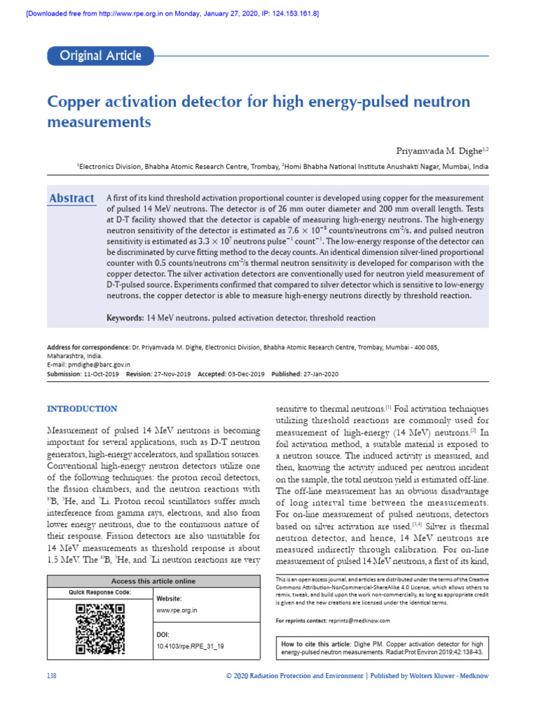 Copper Activation Detector For High Energy-Pulsed | PDF | Neutron ...