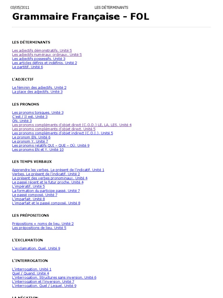 Grammaire Française : Déterminants et Verbes | PDF | Verbe | Adjectif