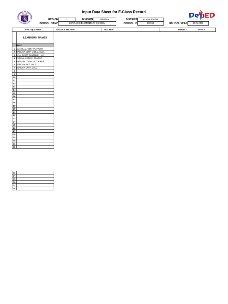 Grade 4 MAPEH Class Record 2025-2026 | PDF