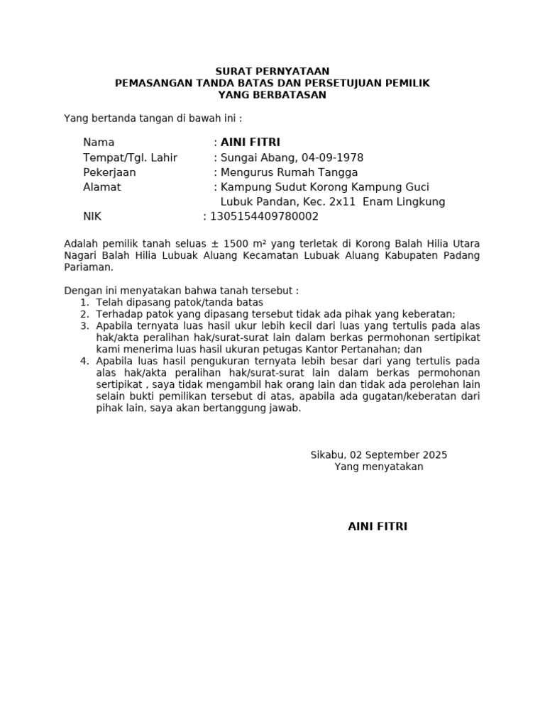 Surat Pernyataan Pemasangan Tanda Batas | PDF