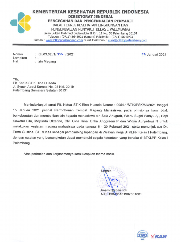 Izin Magang Mhs. STIK Bina Husada Dari BTKL PP PLG | PDF