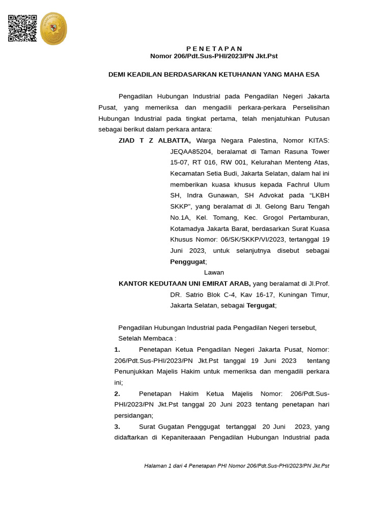 Pencabutan Gugatan PHI 206/2023 | PDF