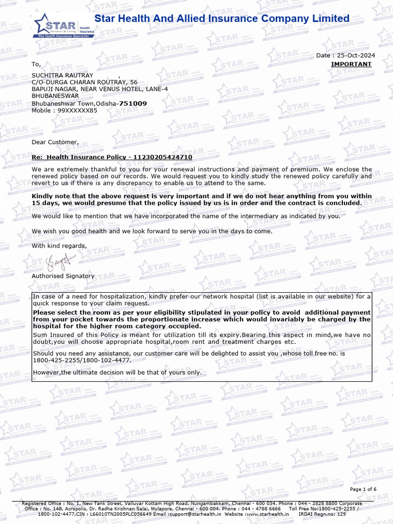 Star Health Insurance Renewal Notice | PDF | Insurance