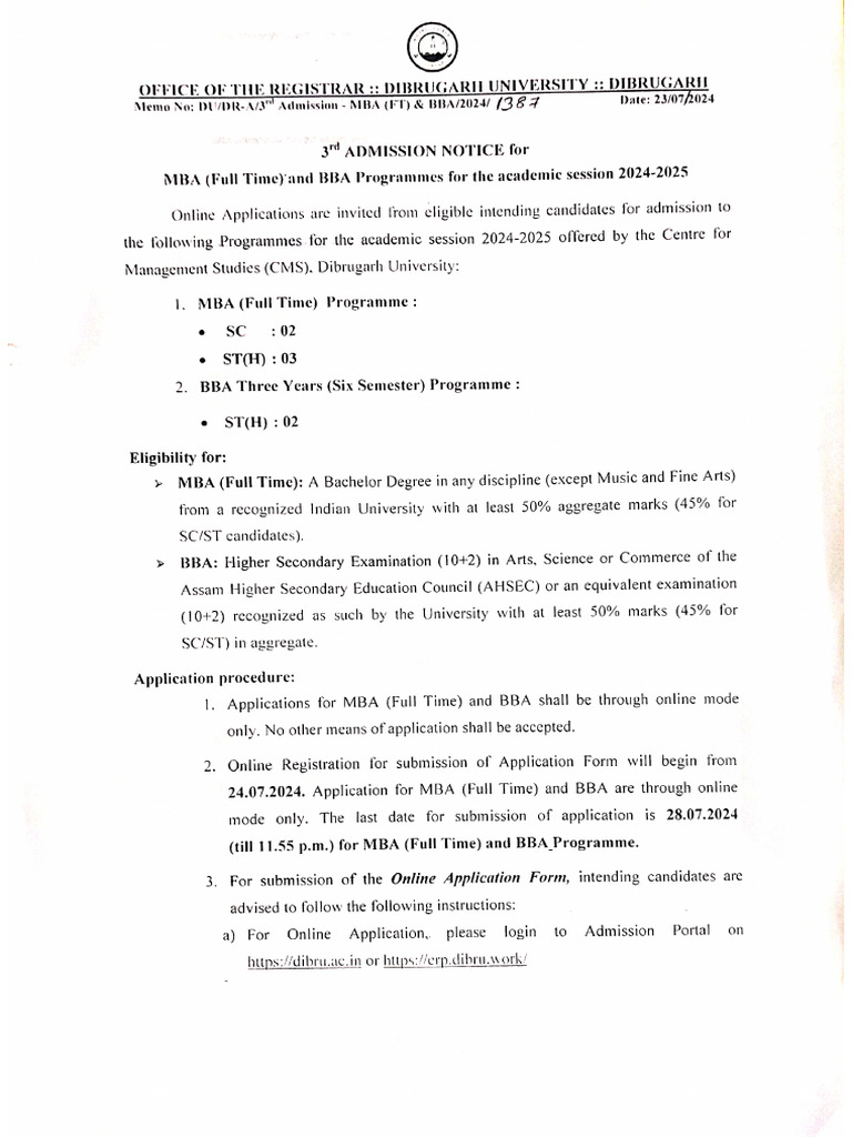 3rd Admission Notice For MBA FT and BBA Programme For The Academic ...