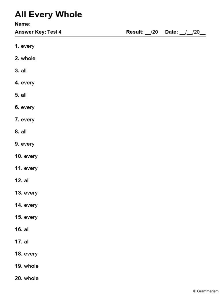 Grammarism All Every Whole Test 4 Answers 2760573 | PDF
