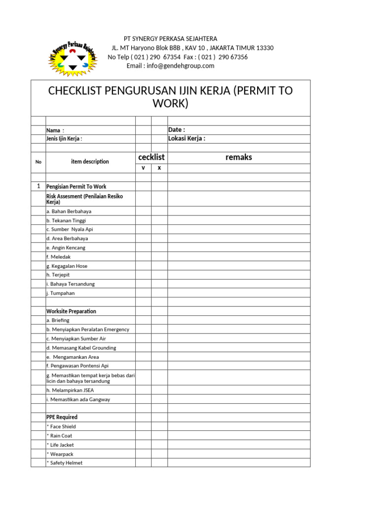 Checklist Ijin Kerja dan Keselamatan | PDF