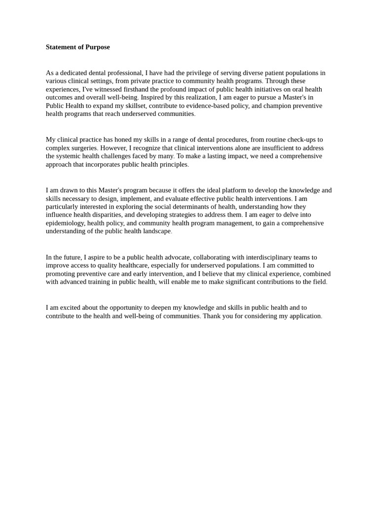 Master's in Public Health Statement of Purpose | PDF