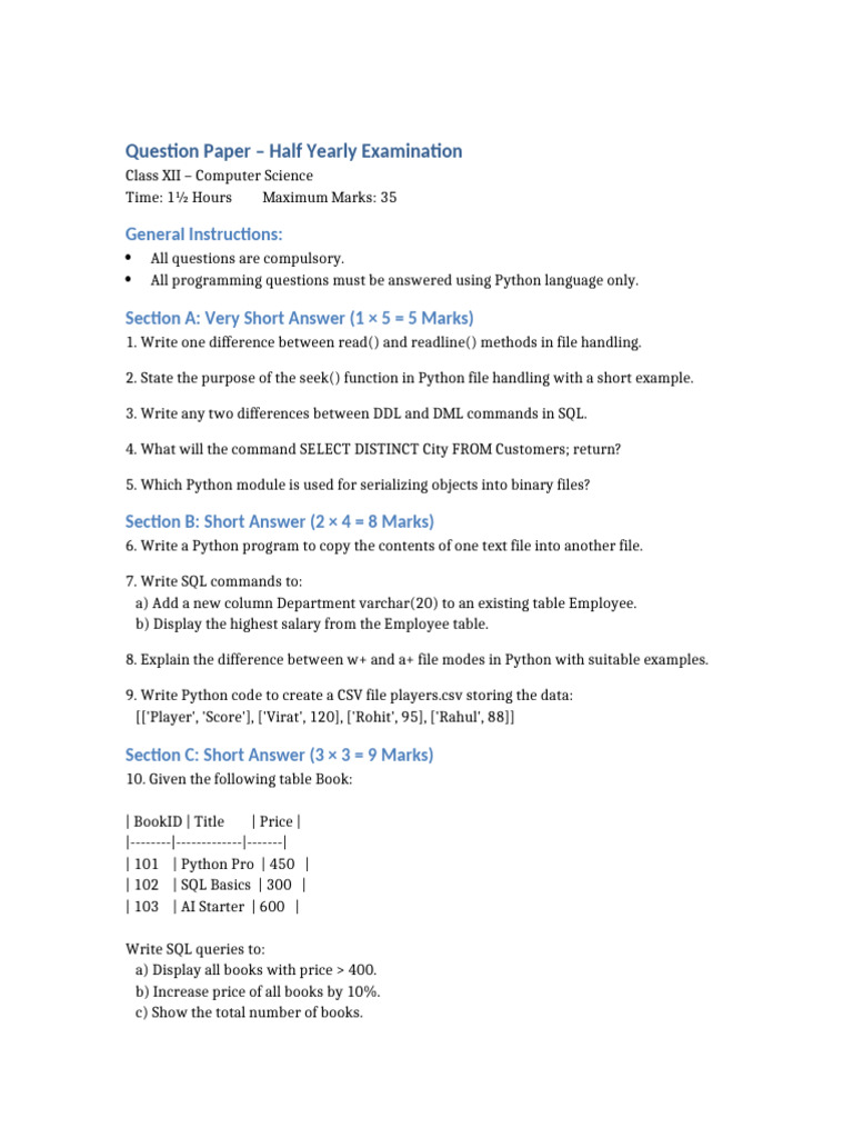 Class XII CS Question Paper | PDF