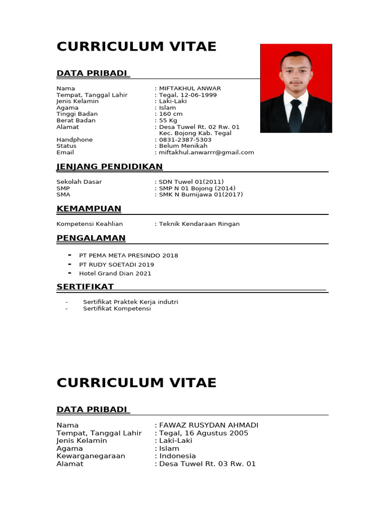 CV Miftakhul Anwar dan Fawaz Rusydan | PDF
