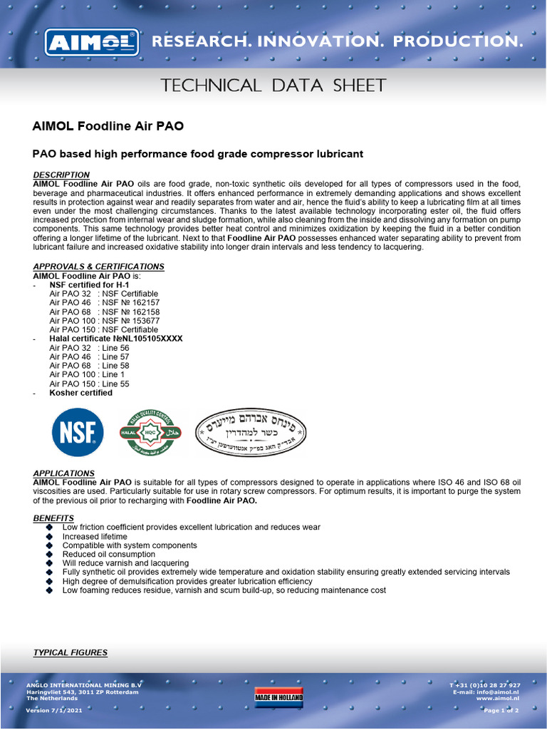 Food-Grade Compressor Lubricant PAO | PDF | Chemical Substances ...