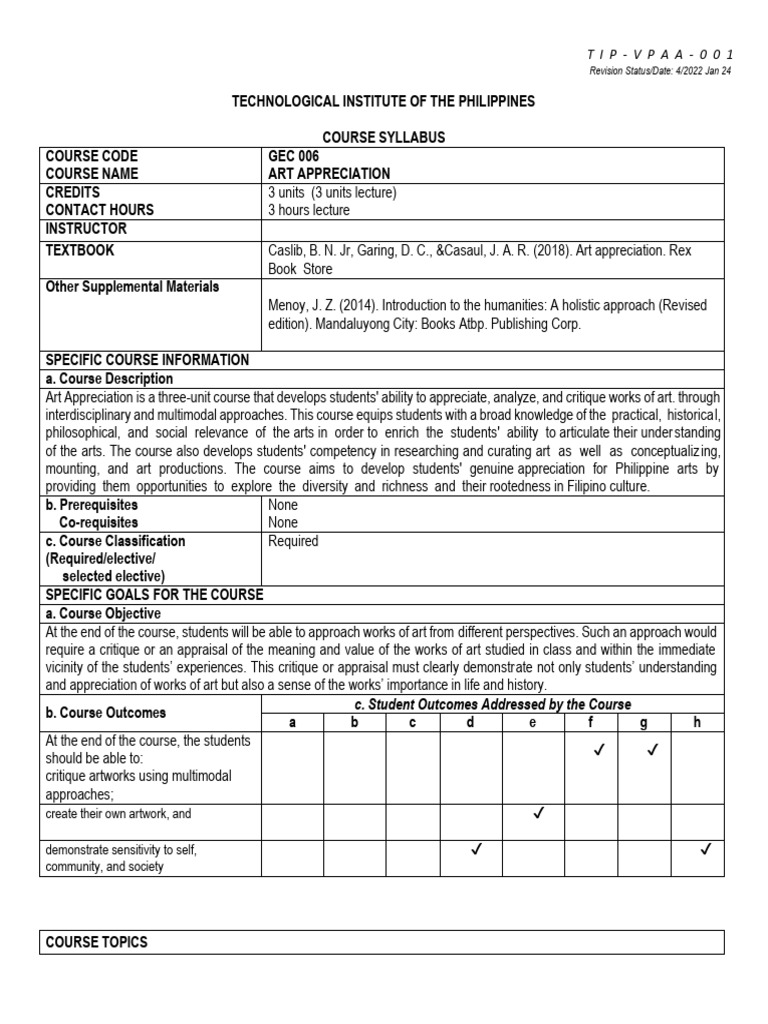 GEC 006 Art Appreciation | PDF | Liberal Arts Education | The Arts