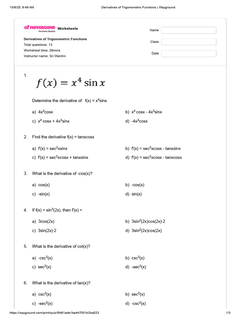 Trigonometric Derivative Worksheets | PDF | Chess Theory | Chess