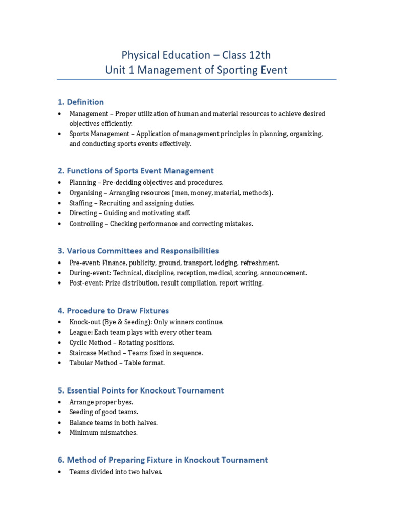 Sports Event Management for Class 12 | PDF | Tournament