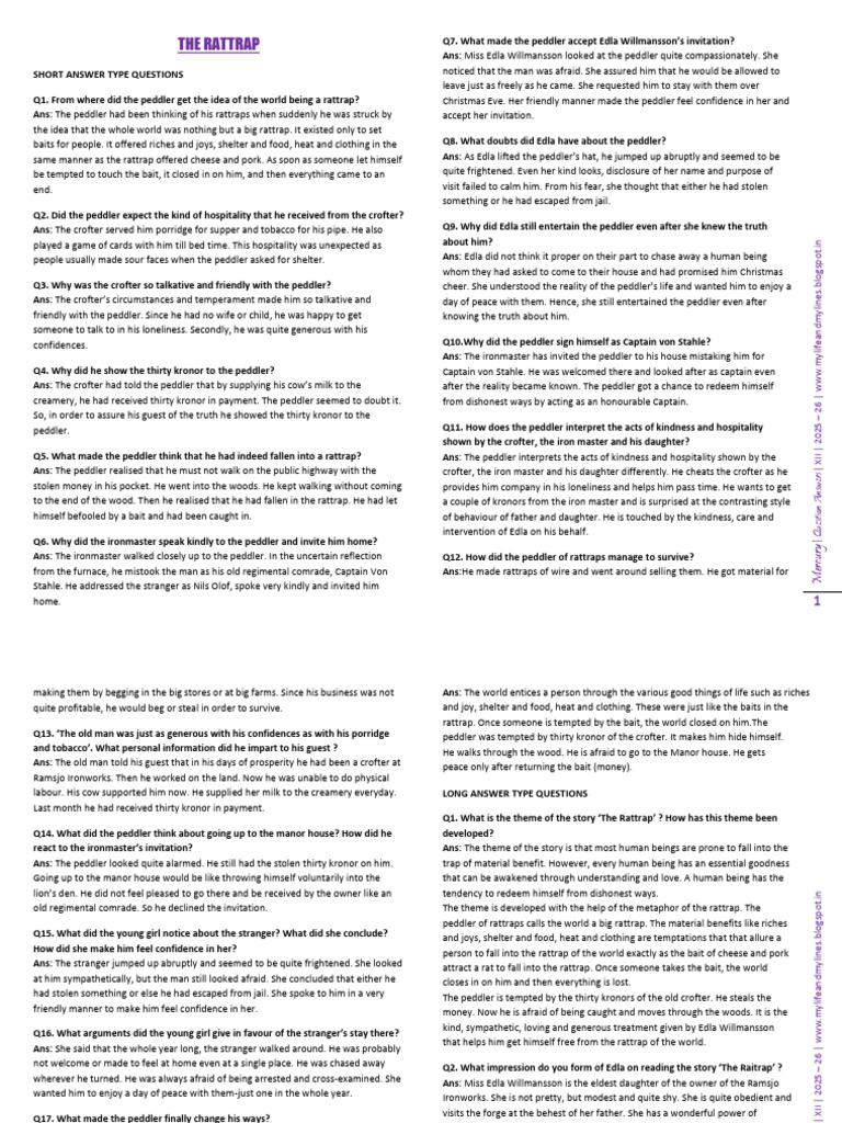 Question Answers - The Rattrap | PDF