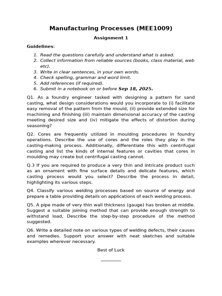 Manufacturing Processes Assignment Guide | PDF