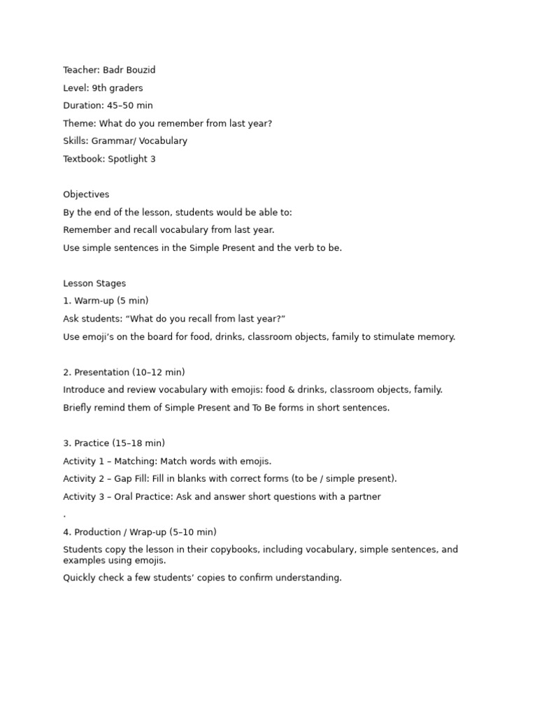 Lesson Plan 1 9th Grade | PDF